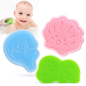 dancelf baby bath sponge, natural cute shapes soft shower sponges for bathing, bathtub foam for infants and toddler, 3pcs : blue dolphin, pink shell, green turtle