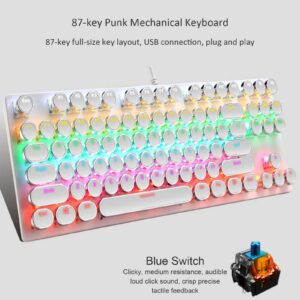 CHUYI Typewriter Style Mechanical Gaming Keyboard with Blue Switch, USB Wired Retro Steampunk Light Up 87 Round Keycaps with RGB LED Rainbow Backlit, for Computer PC Laptop (White)