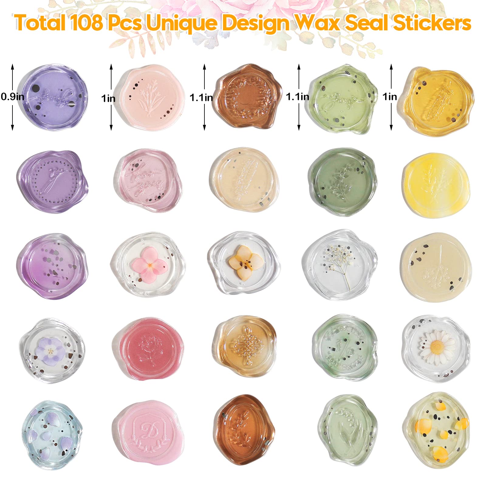 Wax Seal Stickers for Wedding Envelopes 108 Pcs Invitation Envelope Seal Sticker Premade for Baby Shower Birthday Bridal Shower,Clear Crystal Style with Love Floral Botanical Theme,Self Adhesive