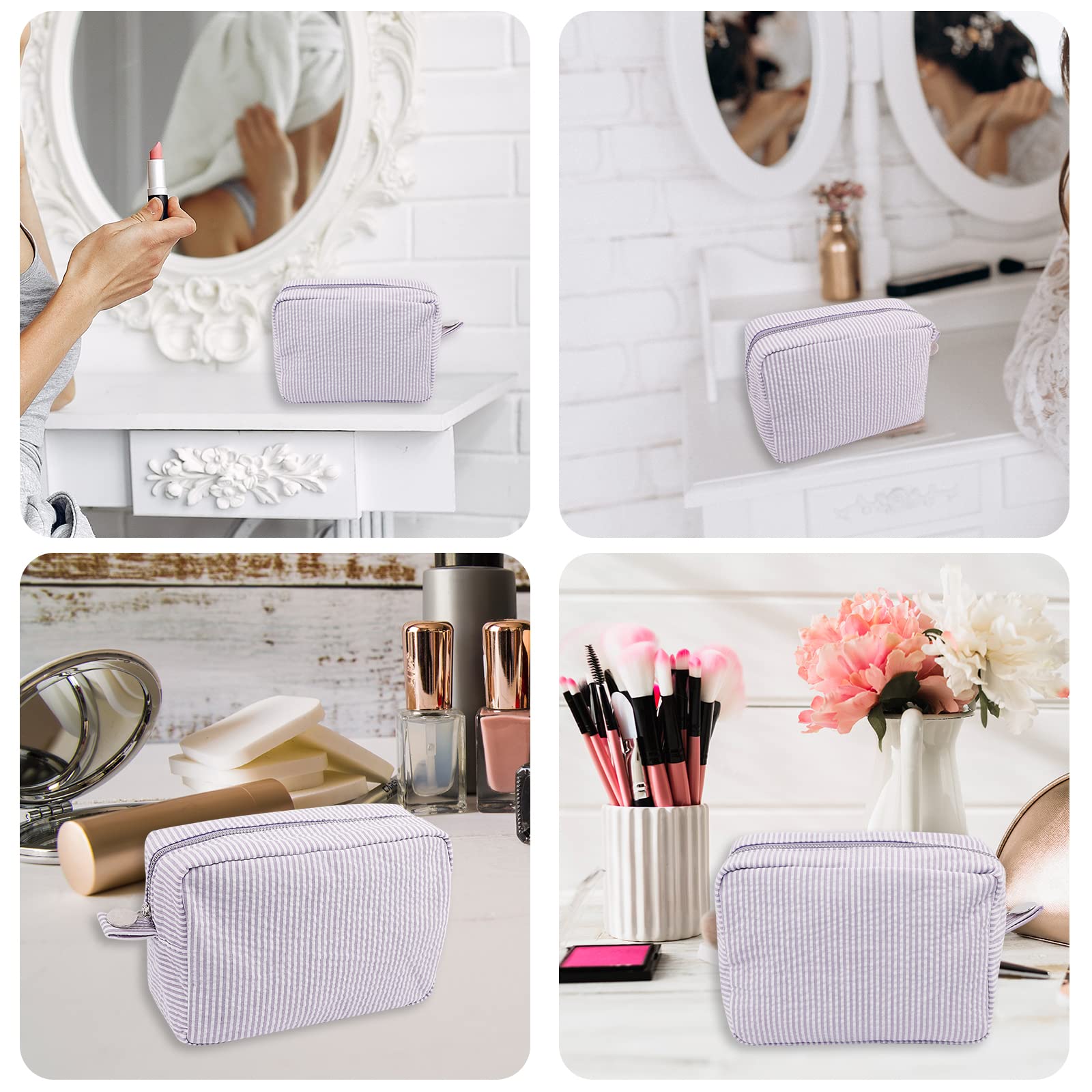 Seersucker Cosmetic Bag, Large Makeup Pouch Travel Toiletry Case with Zipper Closure Seersucker Cosmetic Organizer for Women Girls