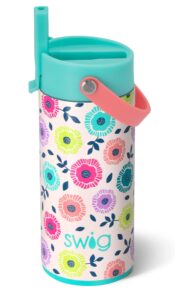 swig life 12oz insulated water bottle for kids with straw & flip + sip handle, dishwasher safe, cup holder friendly stainless steel water bottle for girls and boys (dipsy daisy)