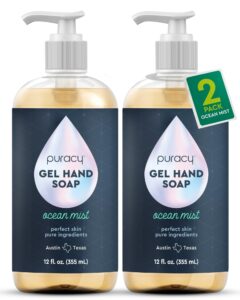 puracy gel hand soap - perfect skin, pure ingredients - with 15+ superplant ingredients for clean, soft, smooth skin, 99.09% from mother nature, gently scented hand wash, ocean mist, 12 ounce (2-pack)