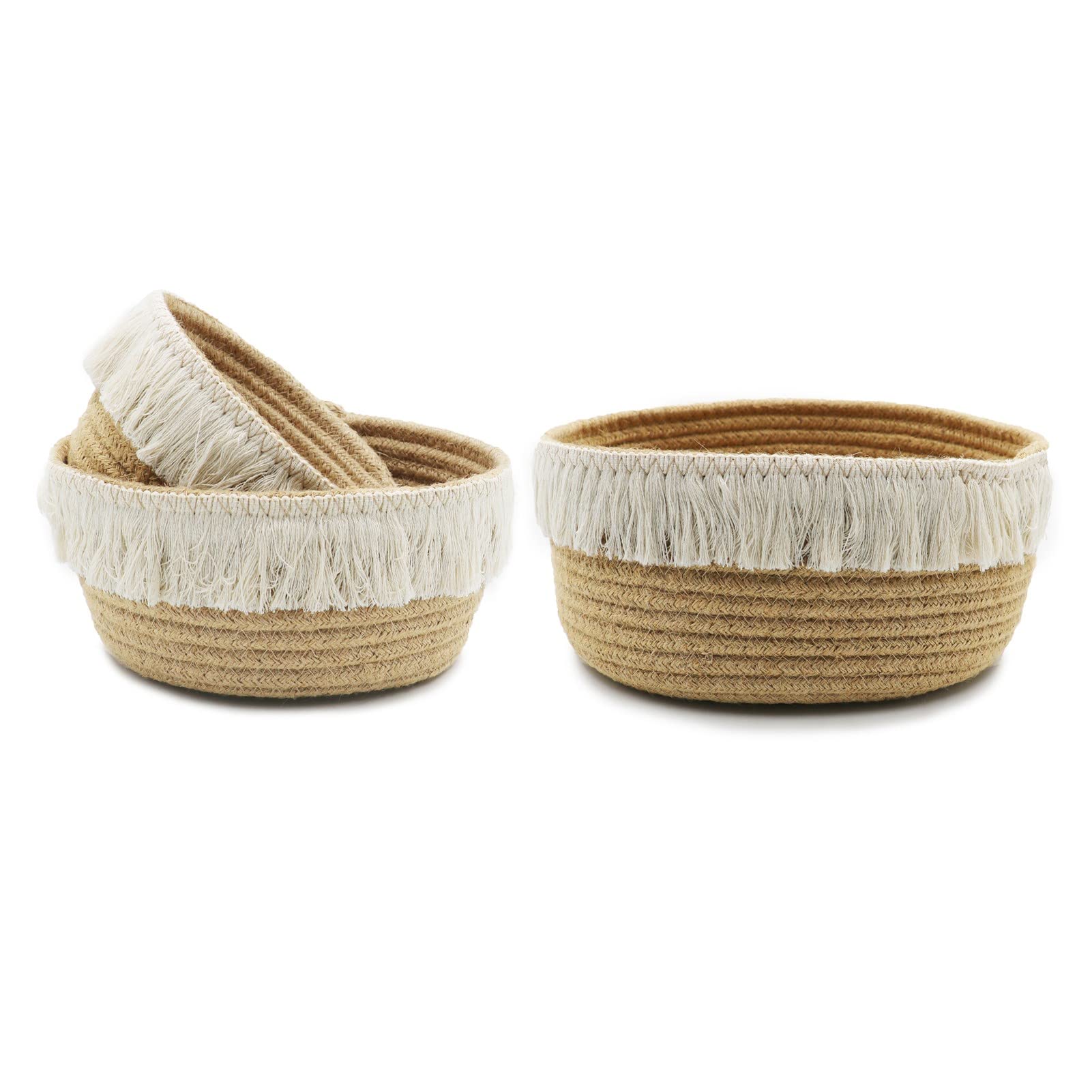 GIBZ Jute Storage Baskets with Tassel, Decorative Natural Round Basket Set Home Organizer for Bedroom, Nursery, Living Room, Bathroom Beige Set of 3