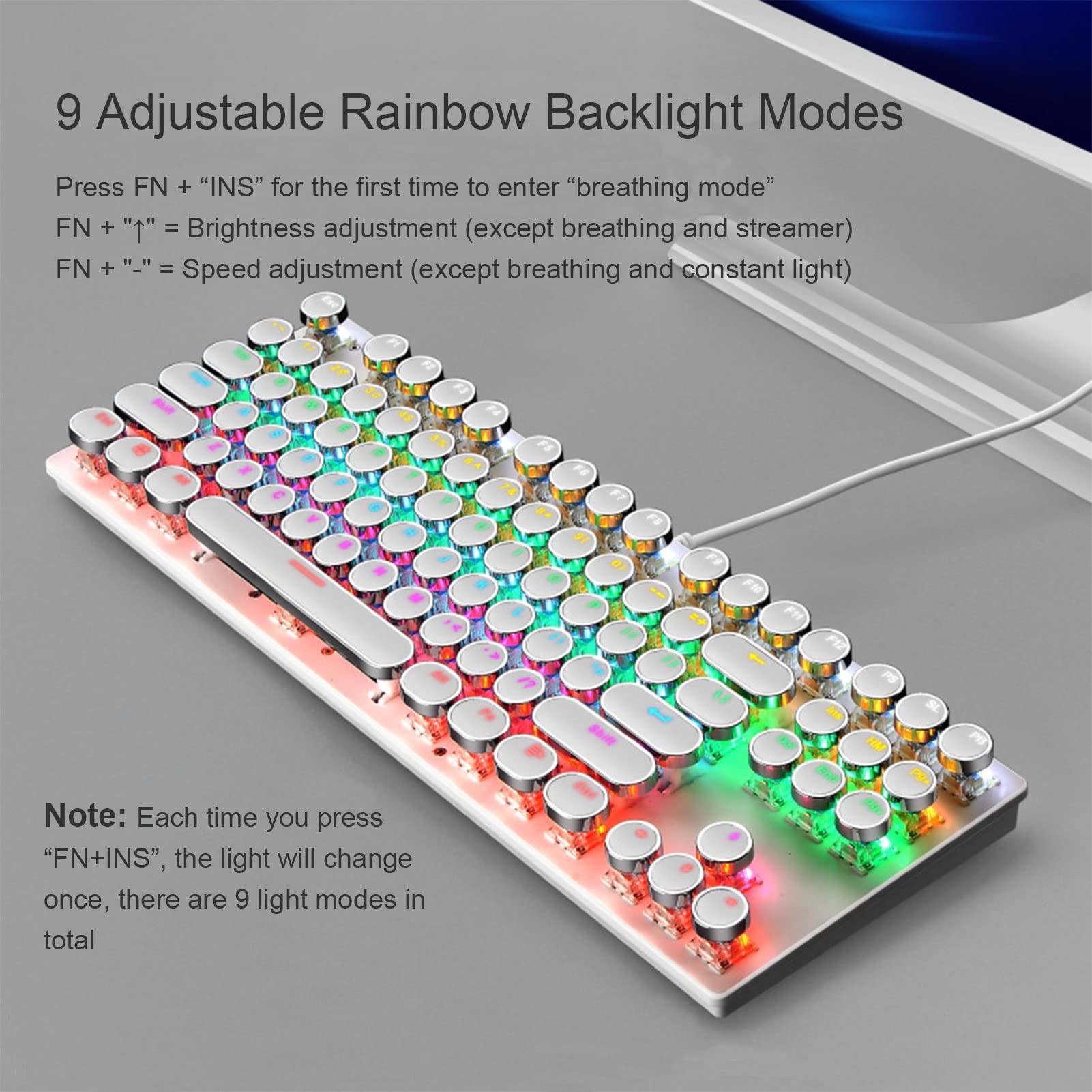 CHUYI Typewriter Style Mechanical Gaming Keyboard with Blue Switch, USB Wired Retro Steampunk Light Up 87 Round Keycaps with RGB LED Rainbow Backlit, for Computer PC Laptop (White)