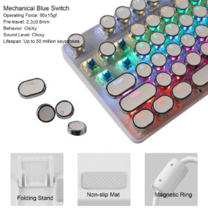 CHUYI Typewriter Style Mechanical Gaming Keyboard with Blue Switch, USB Wired Retro Steampunk Light Up 87 Round Keycaps with RGB LED Rainbow Backlit, for Computer PC Laptop (White)