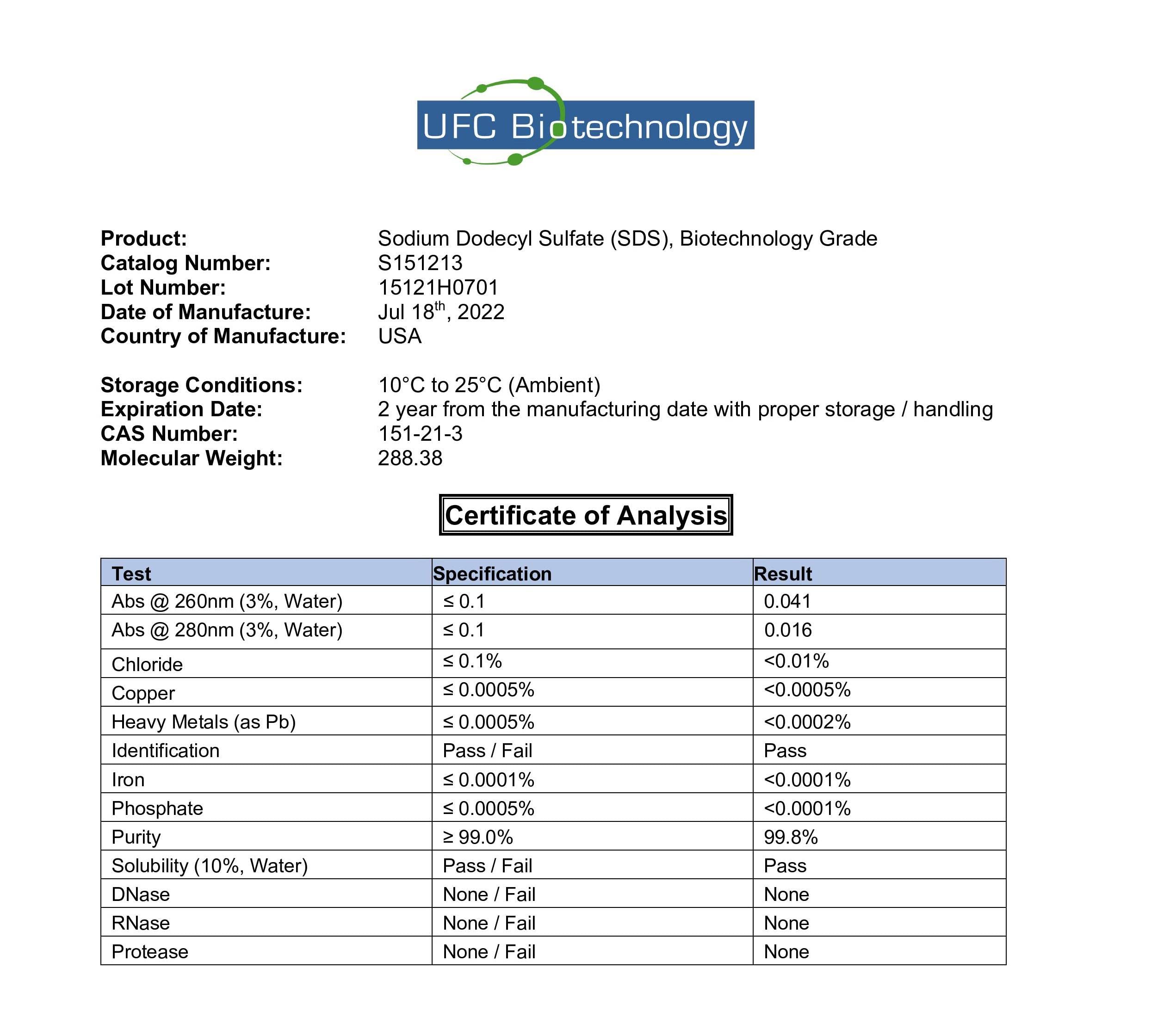 Sodium Dodecyl Sulfate (SDS) 99+% - Biotechnology Grade 100g