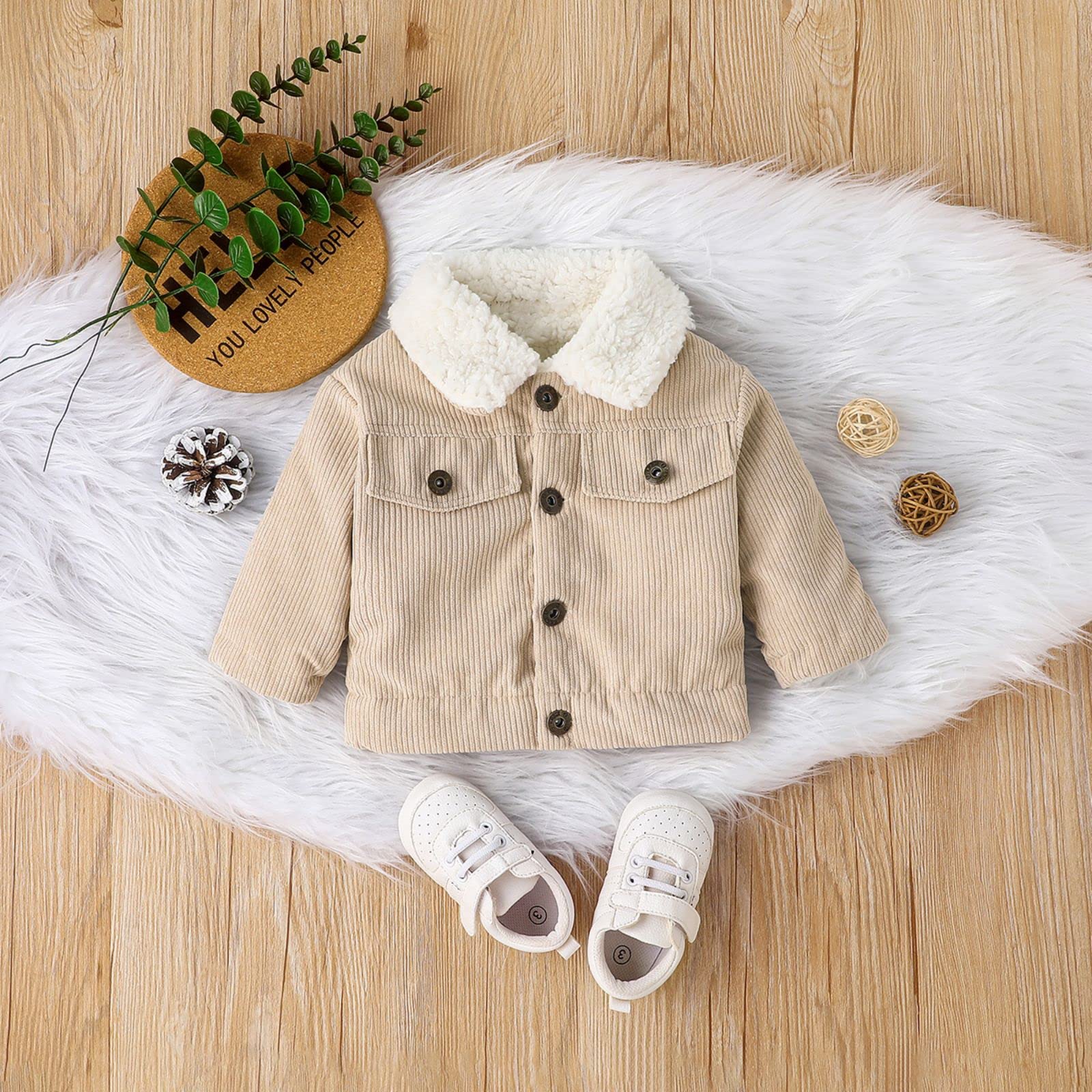 Noubeau Baby Boys Girls Corduroy Trucker Jacket Kids Toddler Sherpa Lined Top Lapel Button Down Thicked Warm Coat Winter Outerwear（Jacket-1,6-9 Months）