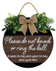 sleeping baby protective dogs plsease do not knock or ring the doorbell round wooden door hanger,nursery,front door,door knob decor,living room sign, wall decor, hanging wood decor sign (12x12inch)