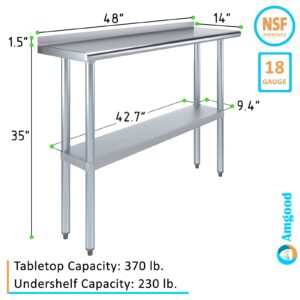 AmGood 48" Long x 14" Deep Stainless Steel Work Table with 1.5" Backsplash | Metal Kitchen Food Prep Table | NSF