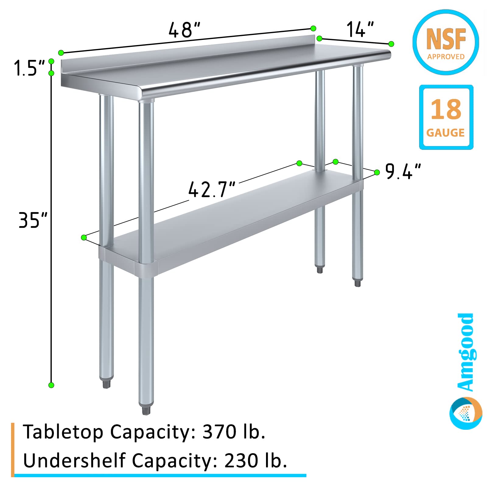 AmGood 48" Long x 14" Deep Stainless Steel Work Table with 1.5" Backsplash | Metal Kitchen Food Prep Table | NSF