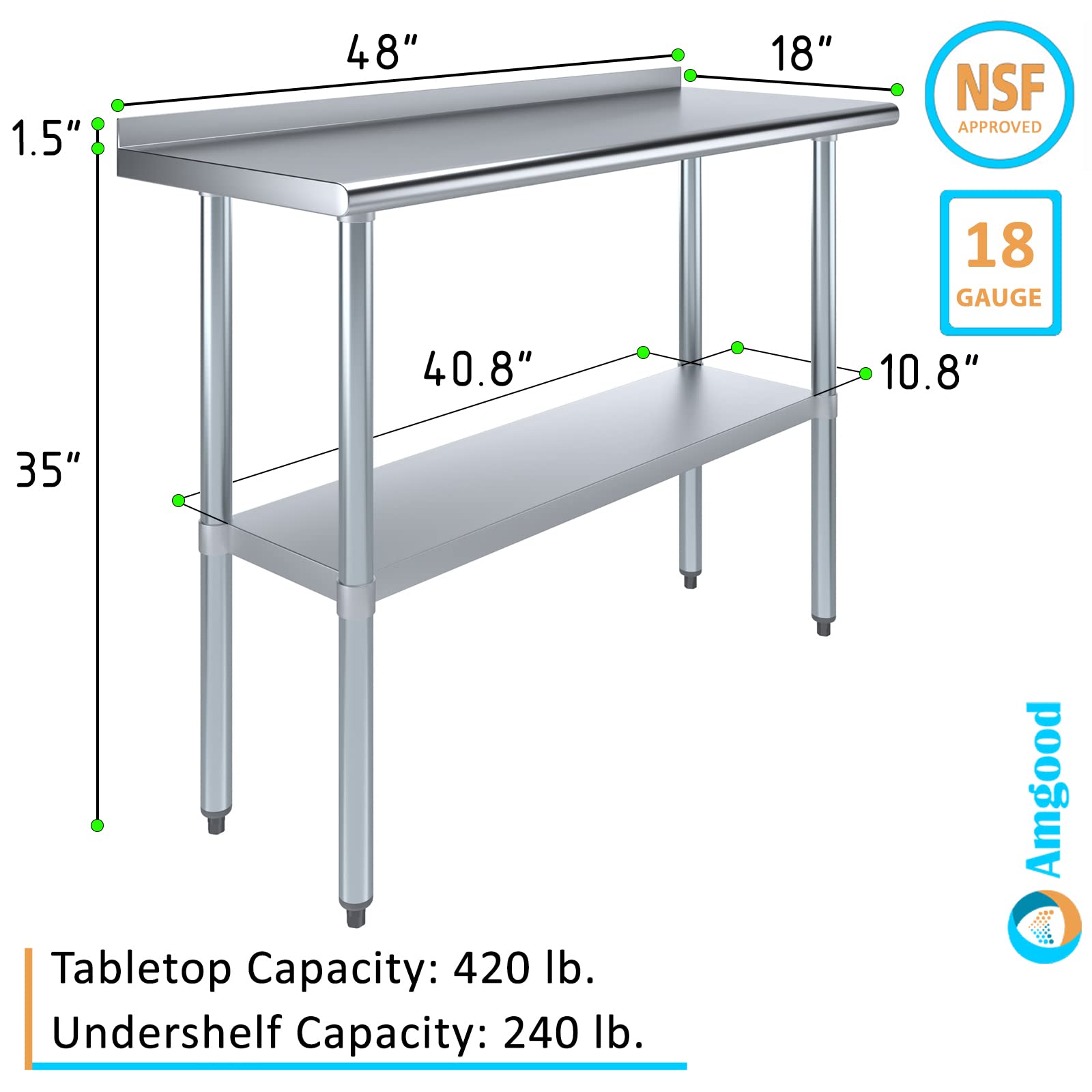 AmGood 48" Long x 18" Deep Stainless Steel Work Table with 1.5" Backsplash | Metal Kitchen Food Prep Table | NSF