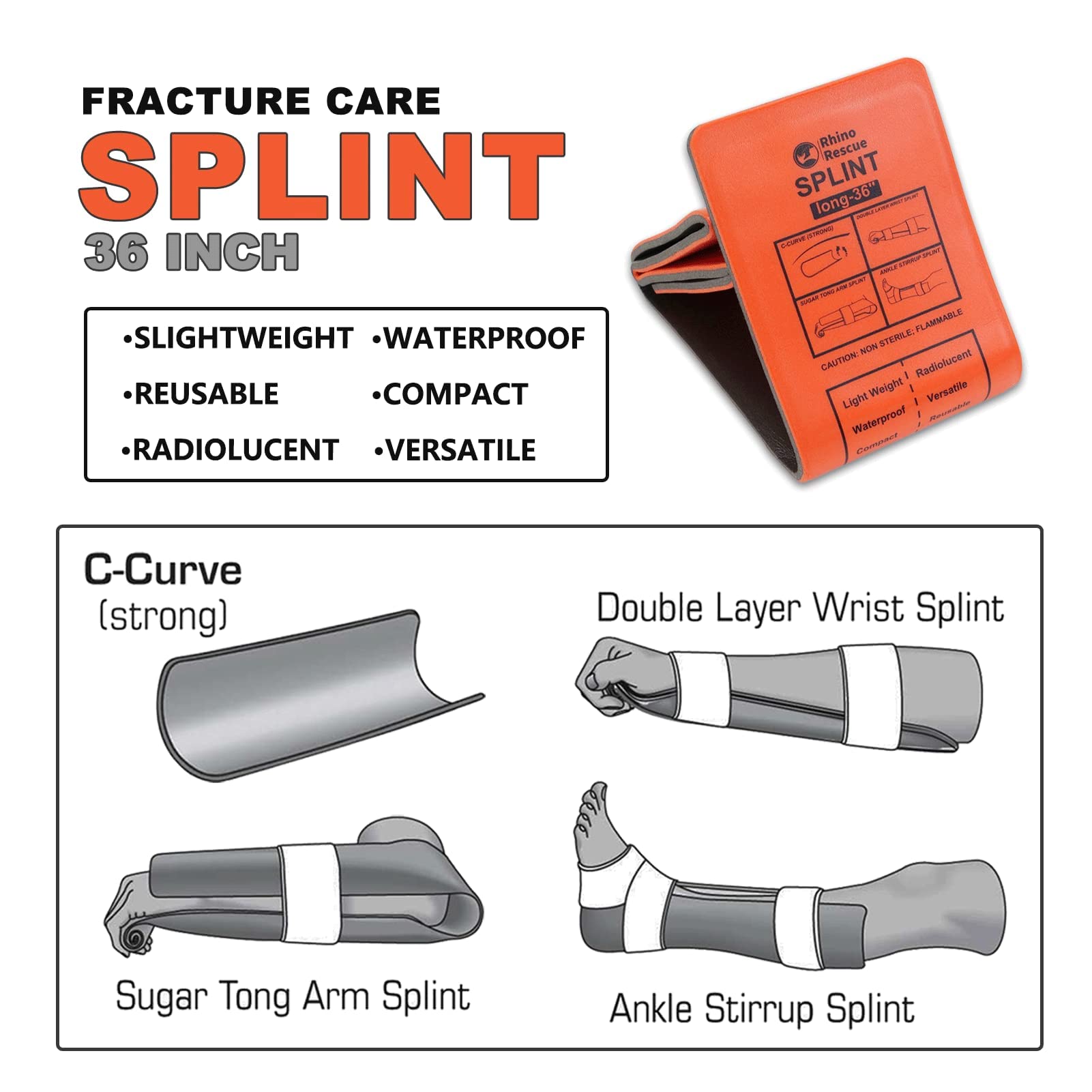 RHINO RESCUE First Aid Splint 36" X 4.3" Orange-Gray, Keep Bones in Position (1, Folded)