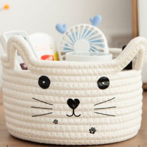 zopeal cat basket storage woven basket organizer with ears decorative pet toy cute basket cotton rope basket for gift cat dog toy bin nursery room(8.3 x 4.7 inch,white)