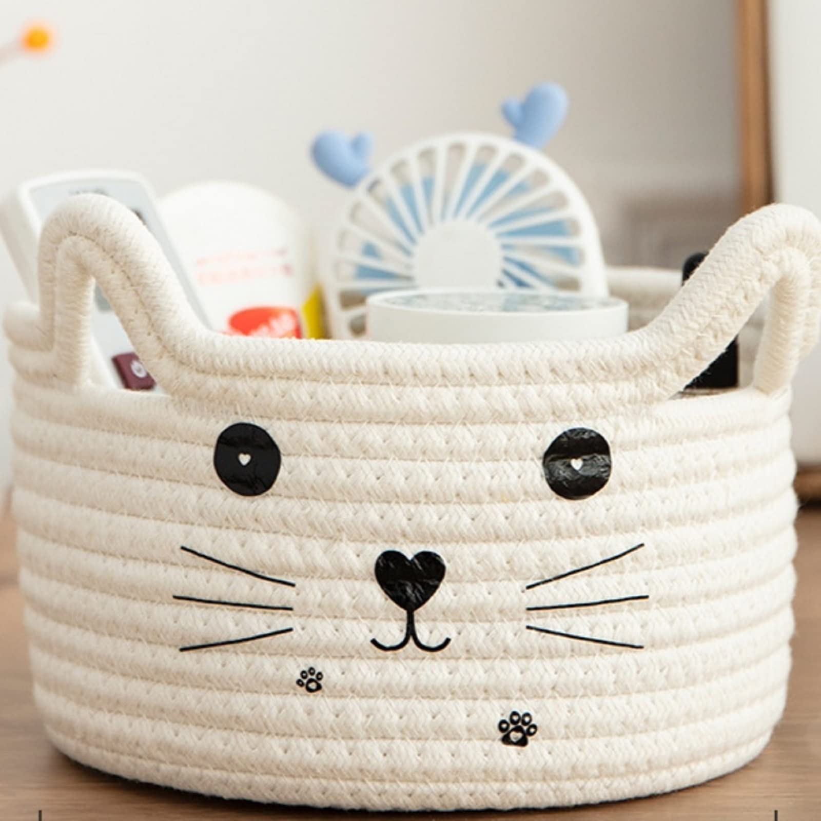 Zopeal Cat Basket Storage Woven Basket Organizer with Ears Decorative Pet Toy Cute Basket Cotton Rope Basket for Gift Cat Dog Toy Bin Nursery Room(8.3 x 4.7 Inch,White)