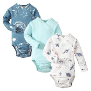 defahn side snap bodysuit baby kimono onsies with mitten-cuffs 3-pack cotton basic pattern boy girl kimono bodysuits (blue/rocket/planet long sleeve, newborn)