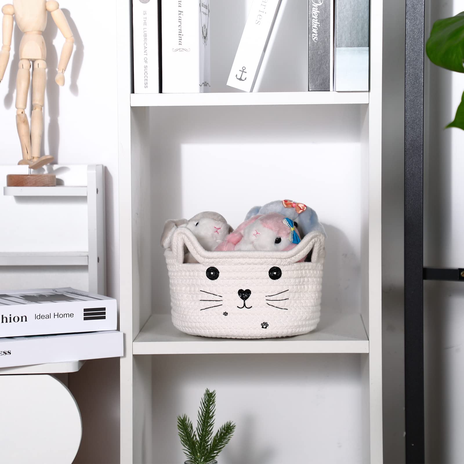 Zopeal Cat Basket Storage Woven Basket Organizer with Ears Decorative Pet Toy Cute Basket Cotton Rope Basket for Gift Cat Dog Toy Bin Nursery Room(8.3 x 4.7 Inch,White)