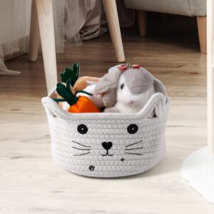 Zopeal Cat Basket Storage Woven Basket Organizer with Ears Decorative Pet Toy Cute Basket Cotton Rope Basket for Gift Cat Dog Toy Bin Nursery Room(8.3 x 4.7 Inch,White)