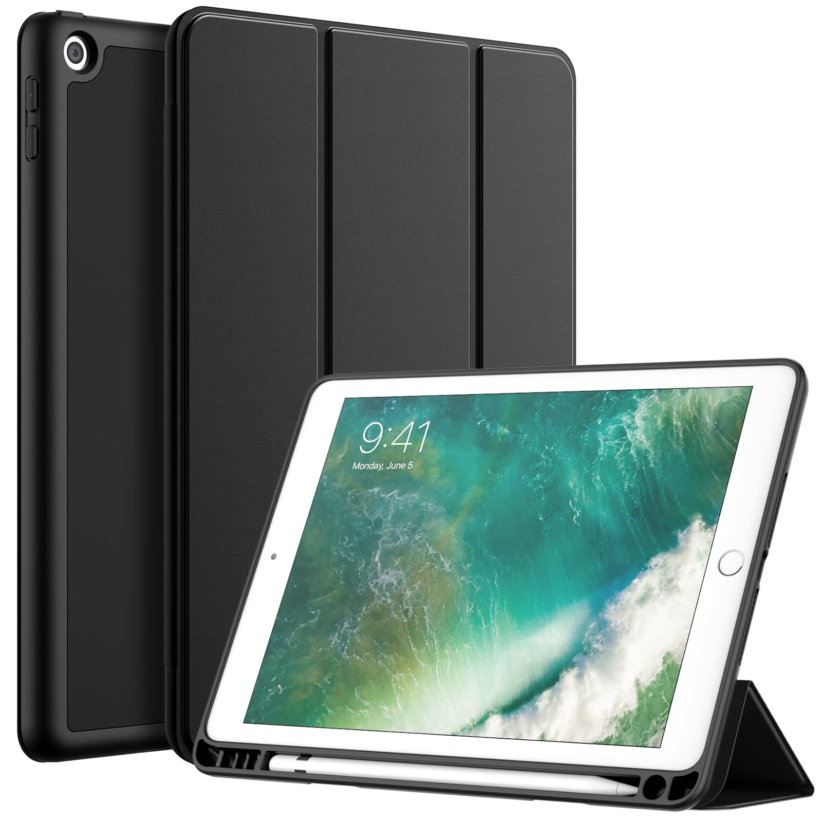 JETech Case for iPad 9.7-Inch (6th/5th Generation, 2018/2017) with Pencil Holder, Slim Tablet Cover with Soft TPU Back, Auto Wake/Sleep (Black)