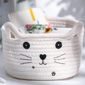 Zopeal Cat Basket Storage Woven Basket Organizer with Ears Decorative Pet Toy Cute Basket Cotton Rope Basket for Gift Cat Dog Toy Bin Nursery Room(8.3 x 4.7 Inch,White)