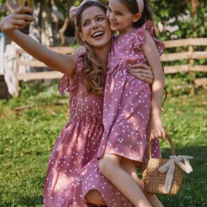 Focamia Pink V Neck Ruffle Short-Sleeve Splicing Butterfly and Floral Print Dress for Mom and Me (as1, Age, 6_Months, Pink Dots, 6 Months)