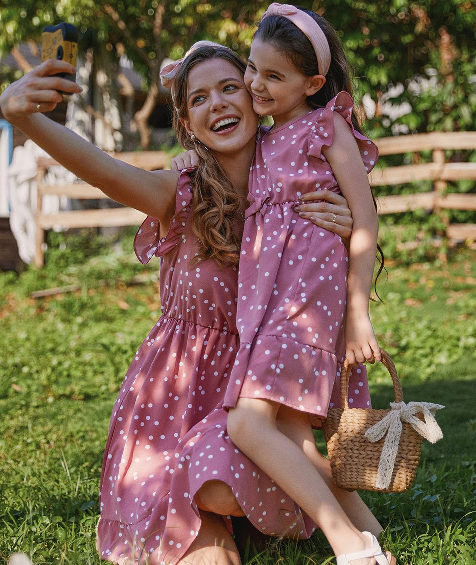 Focamia Pink V Neck Ruffle Short-Sleeve Splicing Butterfly and Floral Print Dress for Mom and Me (as1, Age, 6_Months, Pink Dots, 6 Months)