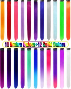 22 pcs colored hair extensions clip in, olldag multi-color party highlights synthetic neon ombre hair extensions, rainbow hair accessories for girls women kids hair pieces (22-inch colorful)