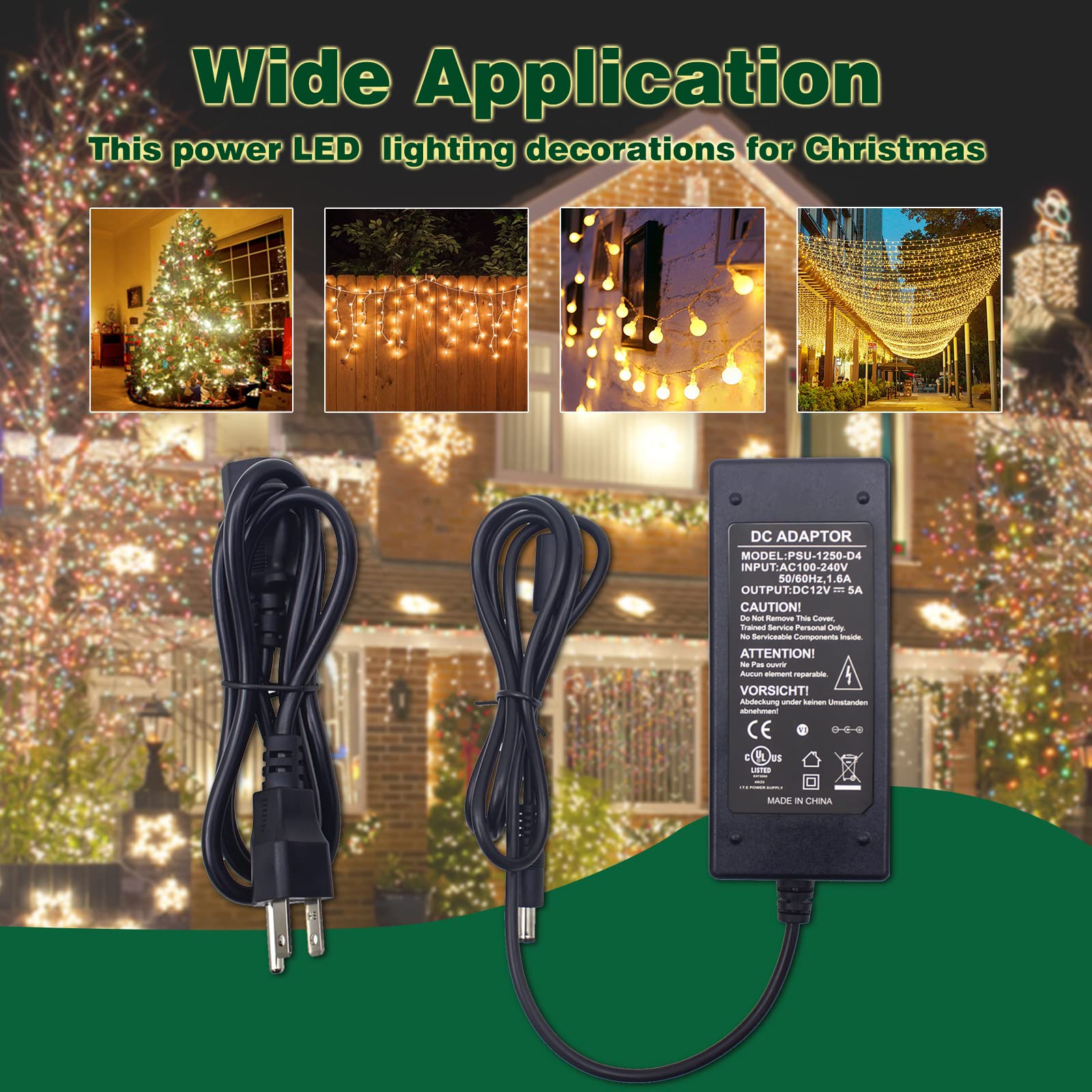 UltraPoE UL Listed DC 12V 5A Power Adapter, AC100~240V 50/60Hz to DC Output 12V Power Supply, 5.5mm x 2.5mm Plug, for LED Light Bar, DVR, NVR, High Power Camera