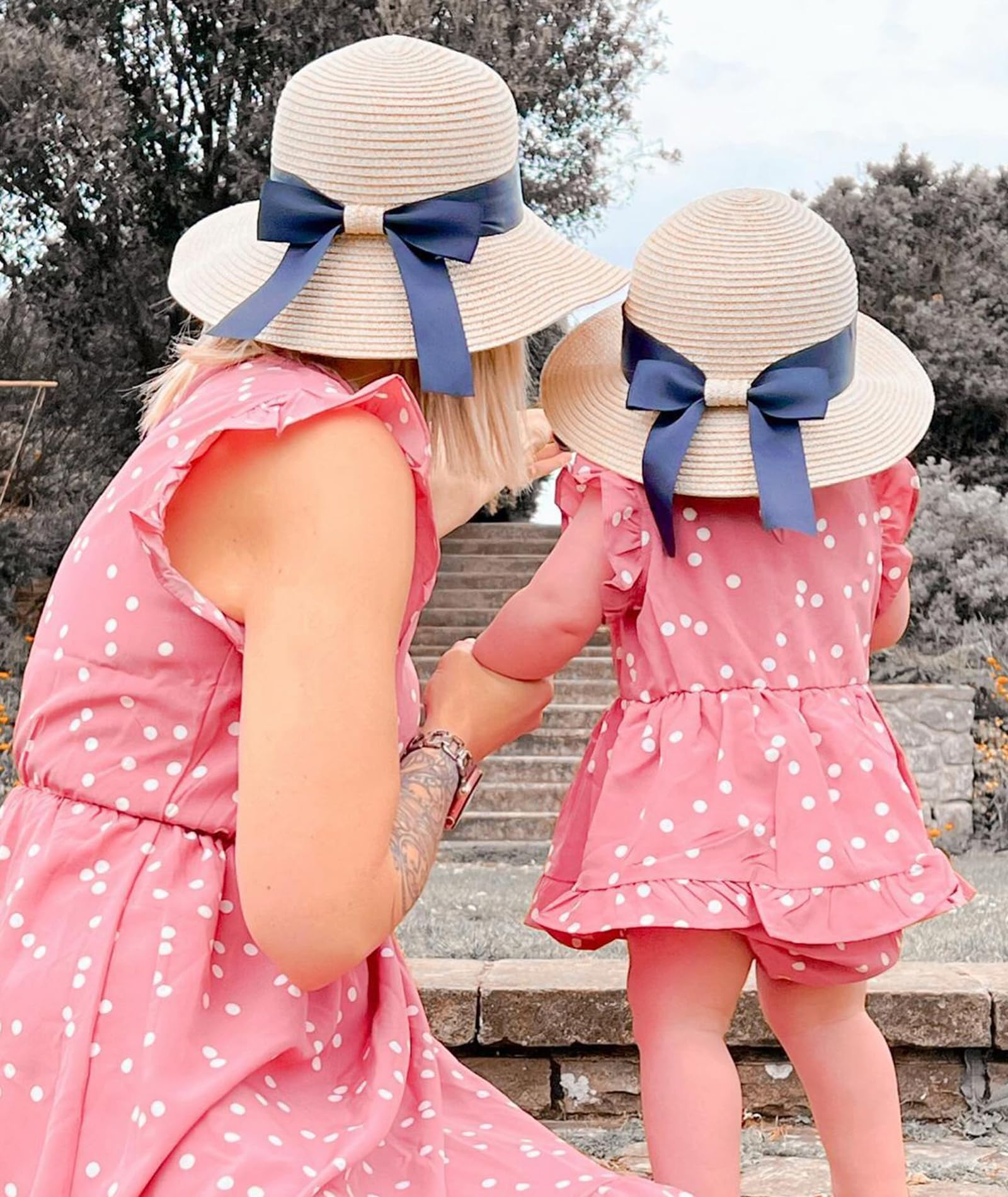 Focamia Pink V Neck Ruffle Short-Sleeve Splicing Butterfly and Floral Print Dress for Mom and Me (as1, Age, 6_Months, Pink Dots, 6 Months)