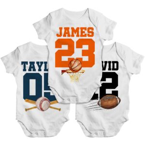 personalized sports baby onesie for boy - 8 designs & colors customized baseball girl outfits gifts custom sport bodysuit babies newborn 6 12 18 24 month gift shower c1, white