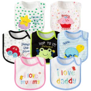 2ooya 7pcs cotton waterproof baby bibs adjustable hook loop closure babies bib unisex multicolor newborn baby infant food bibs drooling feeding eating teething bib keepsake gift for baby（6-12 months）