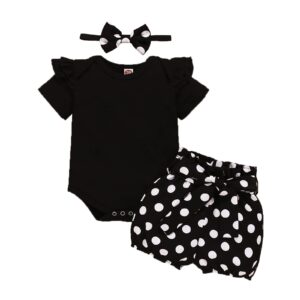 sanpersonlin newborn baby girl set ruffled sleeve romper polka dots shorts bloomers bowknot headband boutique clothes (yxx017a-black, 0-3 months)