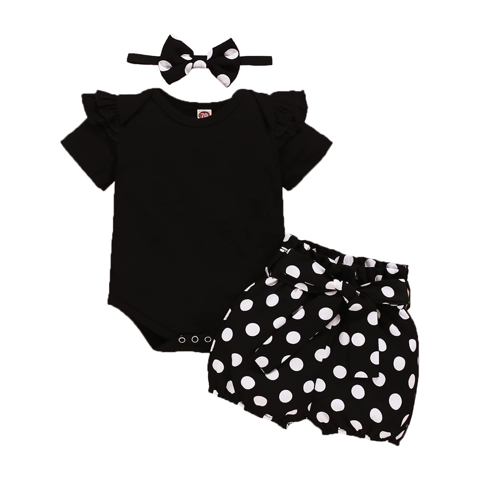 Sanpersonlin Newborn Baby Girl Set Ruffled Sleeve Romper Polka Dots Shorts Bloomers Bowknot Headband Boutique Clothes (Yxx017A-Black, 0-3 Months)