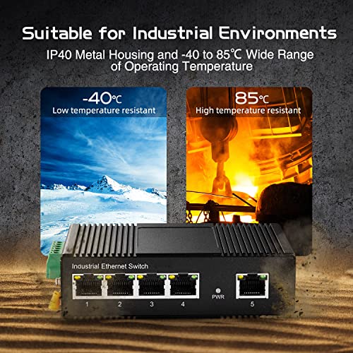 Binardat 5 Port PoE Din Rail Industrial Ethernet Switch, 4 PoE IEEE802.3af/at, 1 Uplink, 10/100Mbps, Fanless Wall Mount, with One 60W PoE Power Supply