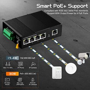 Binardat 5 Port PoE Din Rail Industrial Ethernet Switch, 4 PoE IEEE802.3af/at, 1 Uplink, 10/100Mbps, Fanless Wall Mount, with One 60W PoE Power Supply