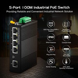 Binardat 5 Port PoE Din Rail Industrial Ethernet Switch, 4 PoE IEEE802.3af/at, 1 Uplink, 10/100Mbps, Fanless Wall Mount, with One 60W PoE Power Supply