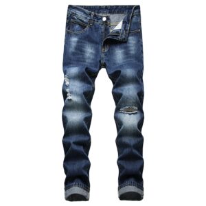 men's lightweight hip hop jeans ripped straight leg washed denim jeans vintage stretch distressed jean pants (dark blue,36)