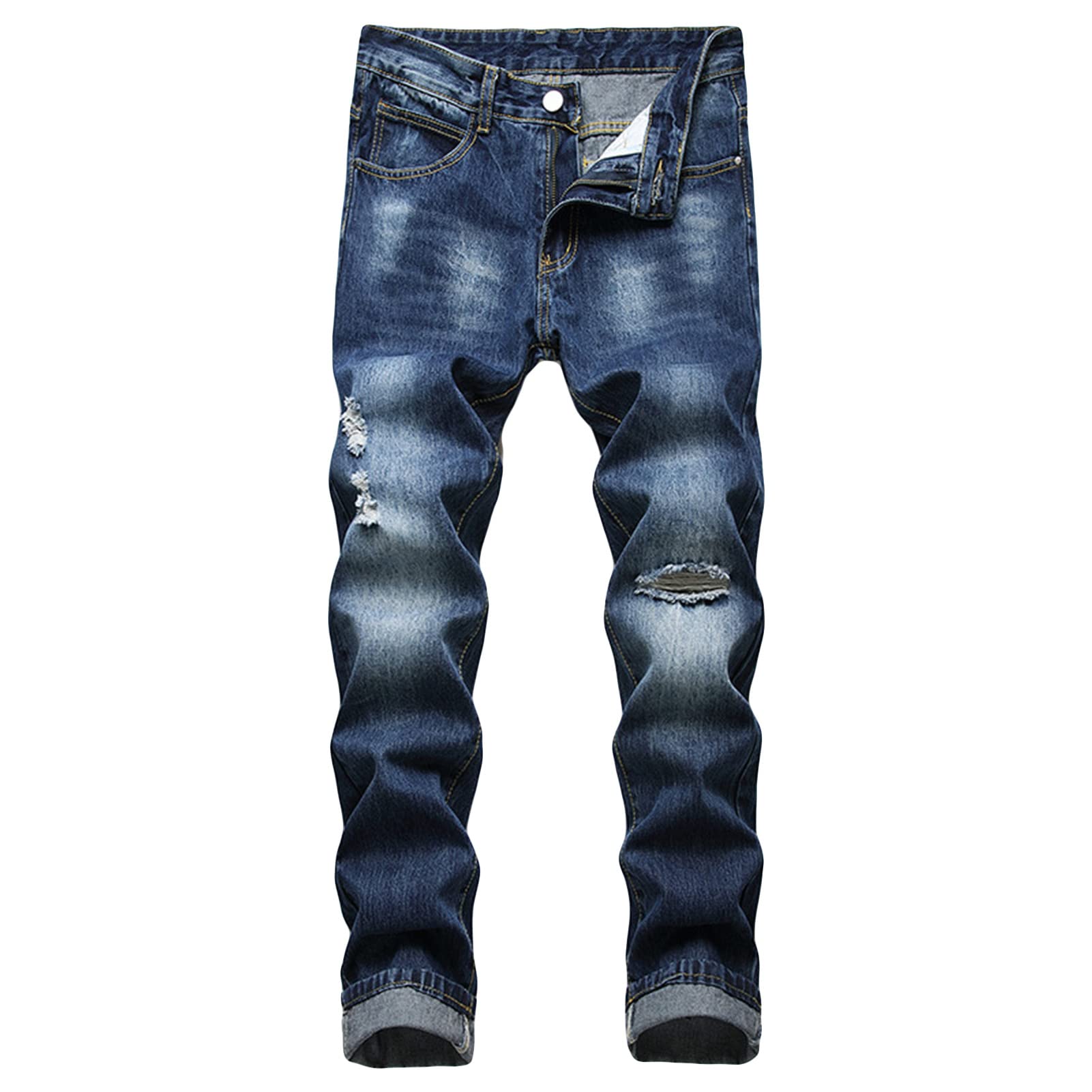 Men's Lightweight Hip Hop Jeans Ripped Straight Leg Washed Denim Jeans Vintage Stretch Distressed Jean Pants (Dark Blue,36)