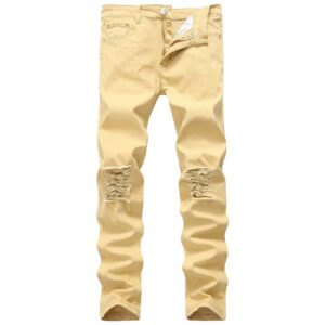 maiyifu-gj men's ripped slim tapered leg jeans knee holes hip hop denim pencil pants skinny destroyed stretch jean trousers (khaki,32)