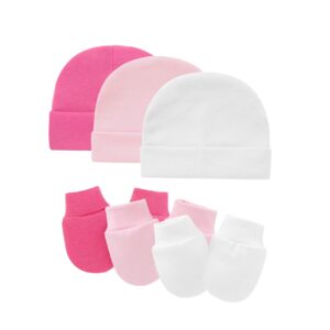 tisoloow baby hats with scratch mittens set unisex newborn hospital hats for baby boys girls cute infant beanie caps cotton soft baby hat rose&pink&white one size