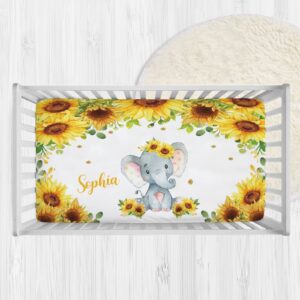 Personalized Sunflower Elephant Baby Crib Sheets for Baby Girls Boys, Custom Fitted Crib Bedding Sheets with Name, Mini Crib Sheet, Pack and Play Sheets, Crib Mattress Sheets, Name Crib Sheets