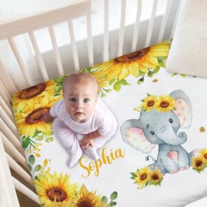 personalized sunflower elephant baby crib sheets for baby girls boys, custom fitted crib bedding sheets with name, mini crib sheet, pack and play sheets, crib mattress sheets, name crib sheets