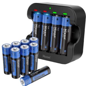 hixon 12-pack aa rechargeable lithium 1.5v batteries with charger,3500mwh,1600cycles,3a max discharge current,2h fast charge,constant output.