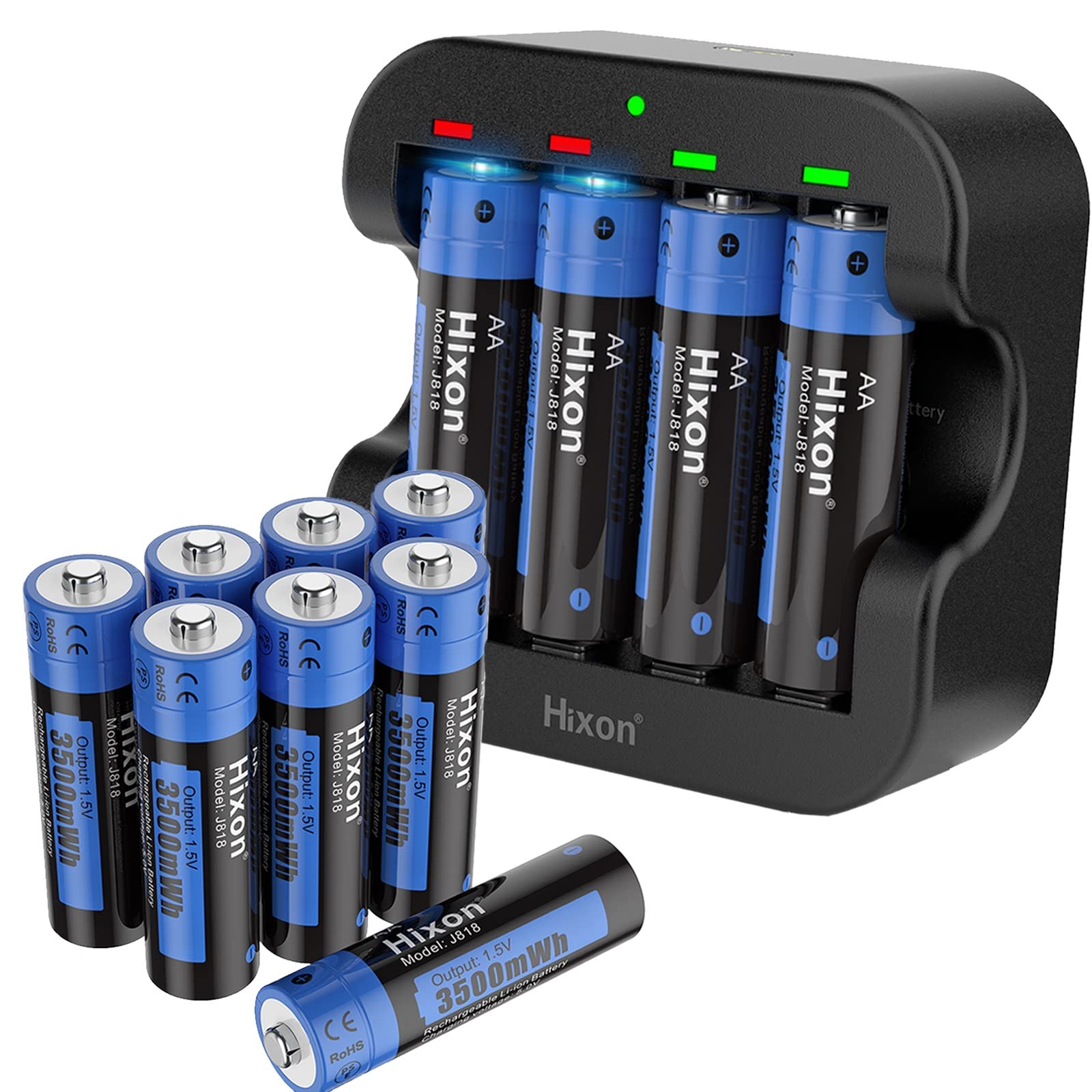 Hixon 12-Pack AA Rechargeable Lithium 1.5V Batteries with Charger,3500mWh,1600Cycles,3A Max Discharge Current,2H Fast Charge,Constant Output.