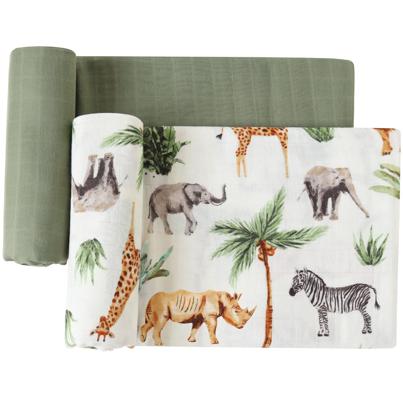 LifeTree Muslin Swaddle Blankets, Woodland Baby Swaddling Neutral Receiving Blanket for Boys & Girls, 70% Viscose from Bamboo and 30% Cotton, Large 47 x 47 inches Safari Jungle/Olive Green