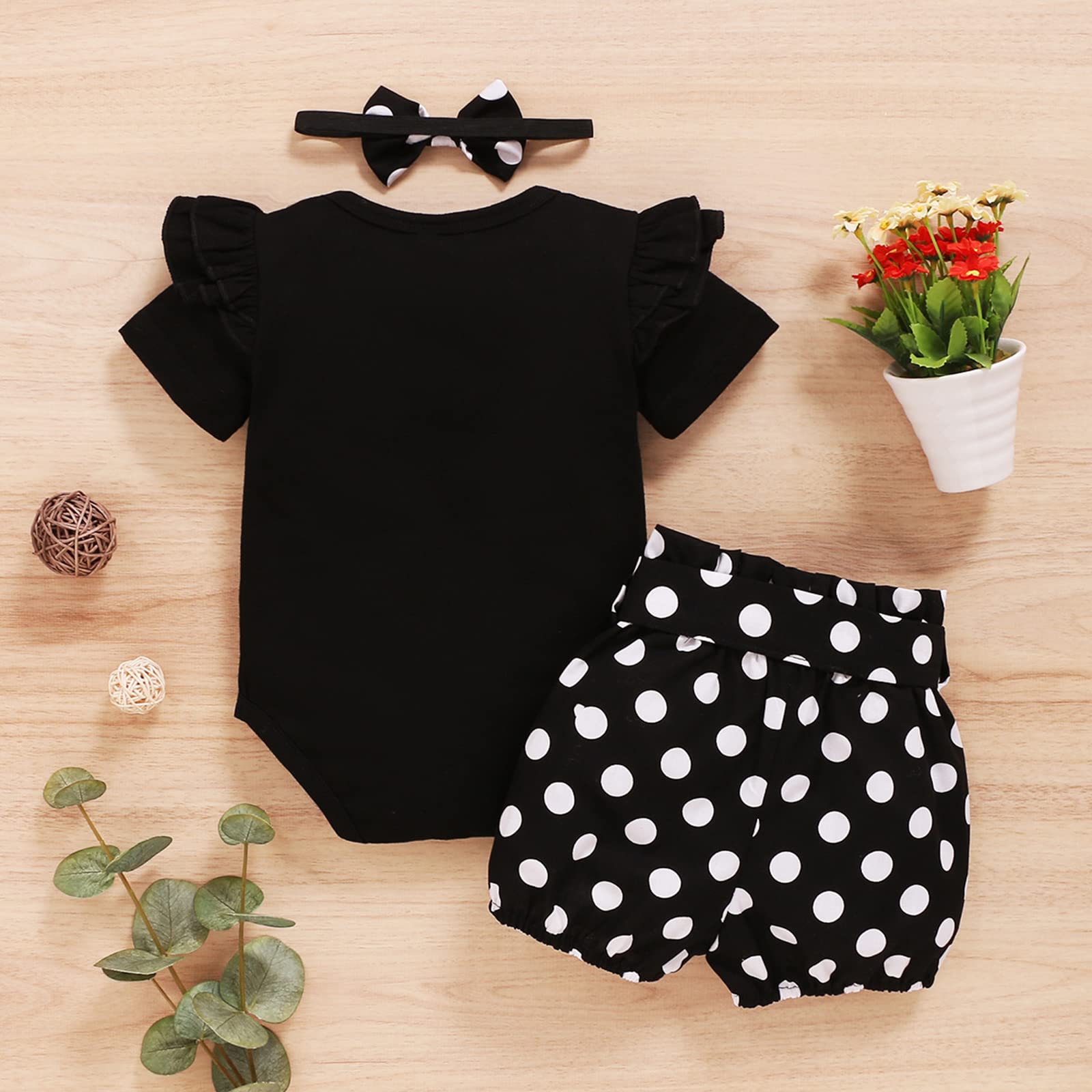 Sanpersonlin Newborn Baby Girl Set Ruffled Sleeve Romper Polka Dots Shorts Bloomers Bowknot Headband Boutique Clothes (Yxx017A-Black, 0-3 Months)