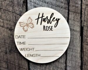 personalized wood baby name announcement sign, newborn birth stats photo prop sign, butterfly nursery name plaque (8 inches)