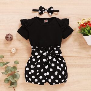 Sanpersonlin Newborn Baby Girl Set Ruffled Sleeve Romper Polka Dots Shorts Bloomers Bowknot Headband Boutique Clothes (Yxx017A-Black, 0-3 Months)