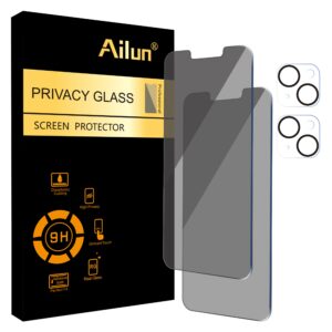 ailun 2pack privacy screen protector for iphone 14 plus [6.7 inch] + 2 pack camera lens protector, anti spy private tempered glass film, case friendly, [9h hardness] - hd [4 pack]