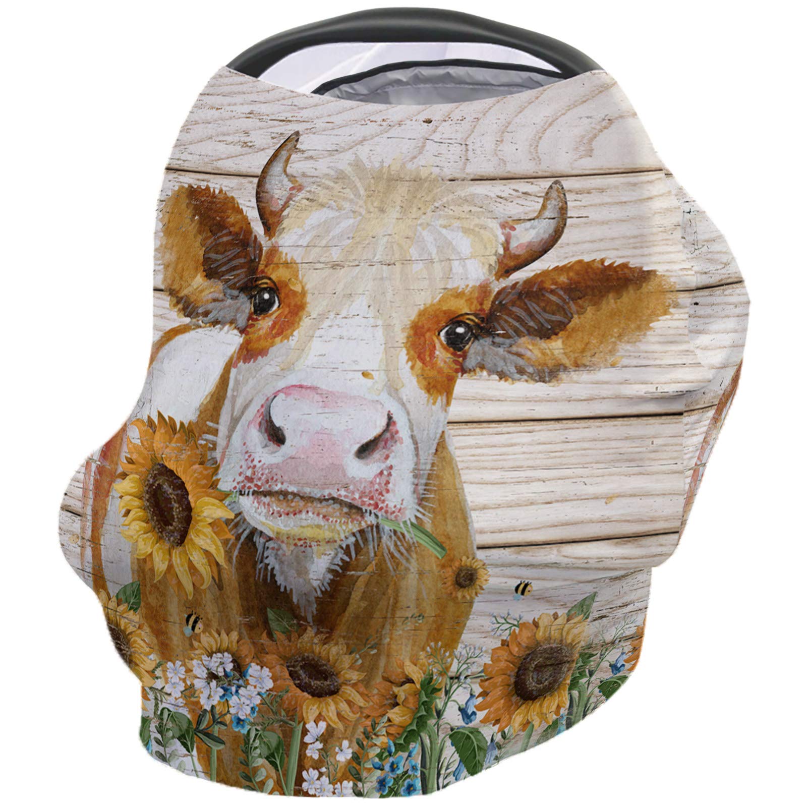 Baby Nursing Cover Carseat Canopy Farmhouse Cow with Summer Floral Sunflowers Breathable Privacy Breastfeeding Scarf Pastoral Animals Planks Multi Use Car Seat Covers for Boys or Girls