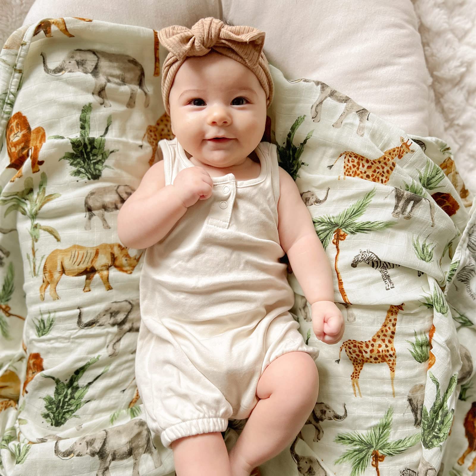 LifeTree Muslin Swaddle Blankets, Woodland Baby Swaddling Neutral Receiving Blanket for Boys & Girls, 70% Viscose from Bamboo and 30% Cotton, Large 47 x 47 inches Safari Jungle/Olive Green